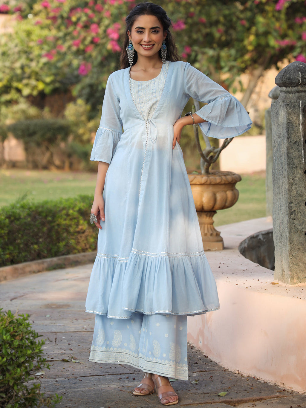 Powder Blue Ethnic Motif Crop Top & Palazzo Set with Shrug | Juniper ...