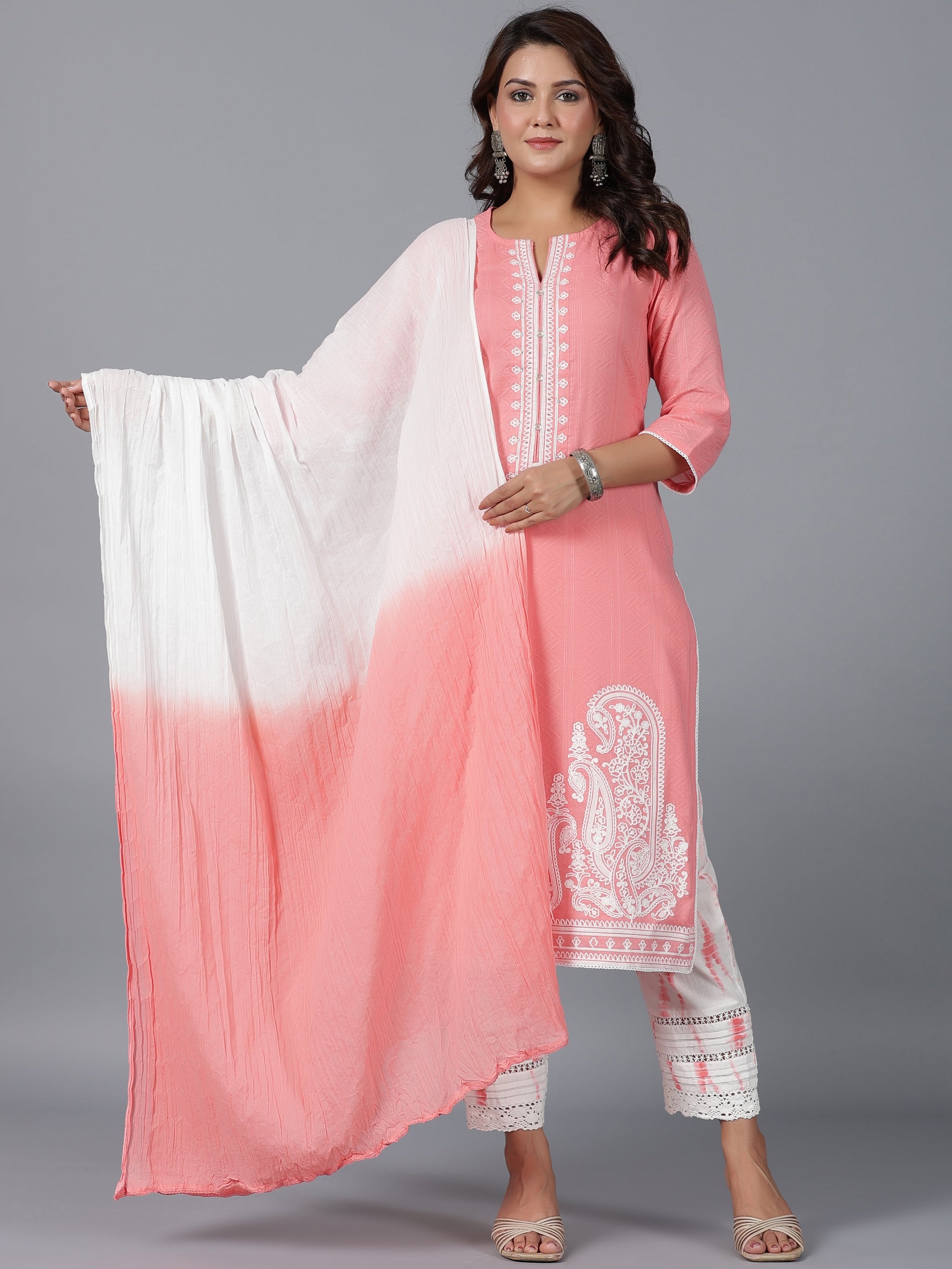 Buy Juniper Women Peach Cotton Dobby Embroidered Kurta, Pants & Dupatta ...