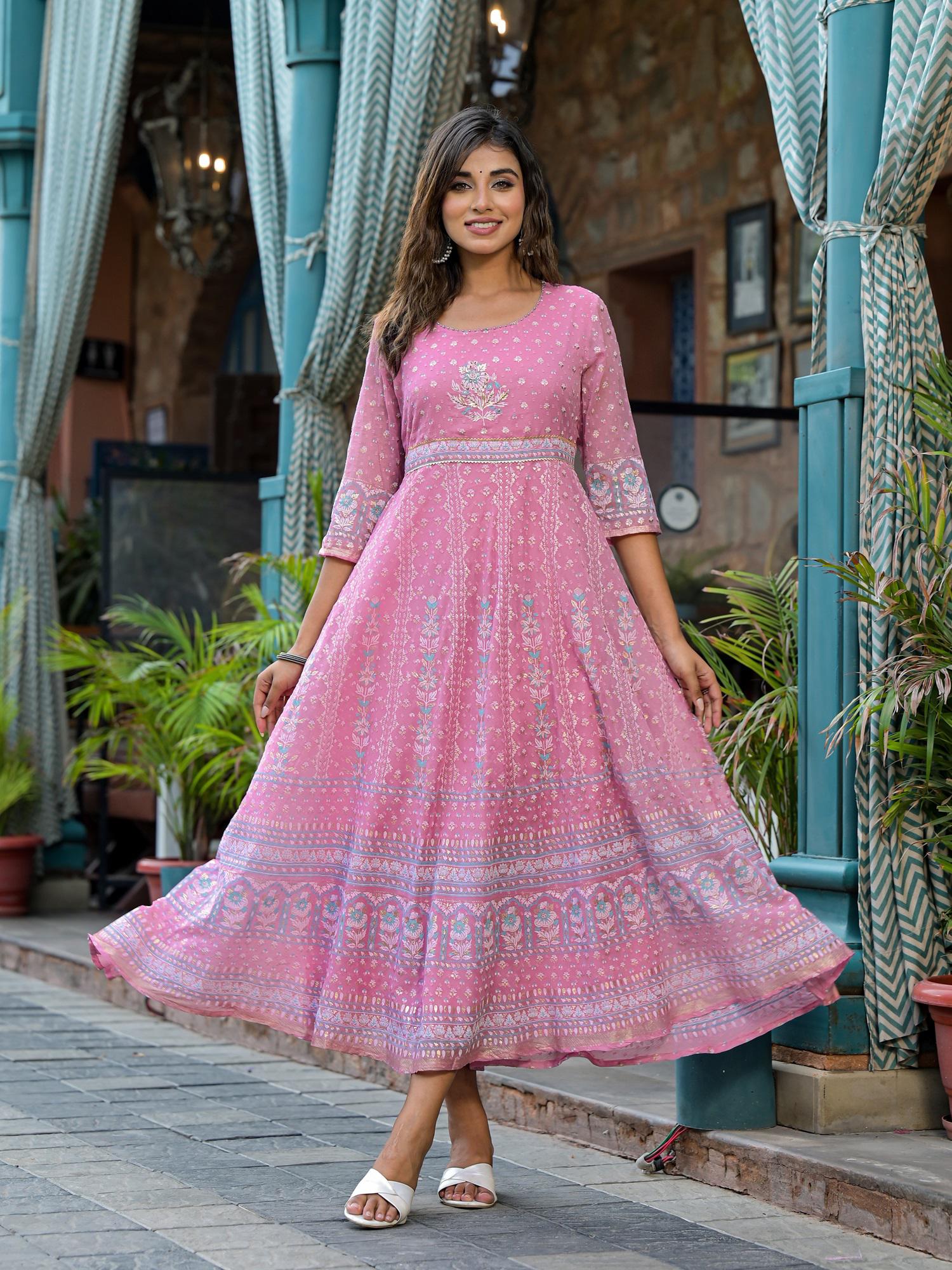 Juniper Pink Ethnic Chiffon Dress With Sequins & Lace Work - Shop Online