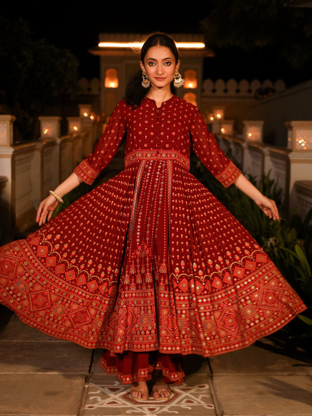 The Mahautsawam Maroon Ethnic Motif Printed Georgette Dress With Threa