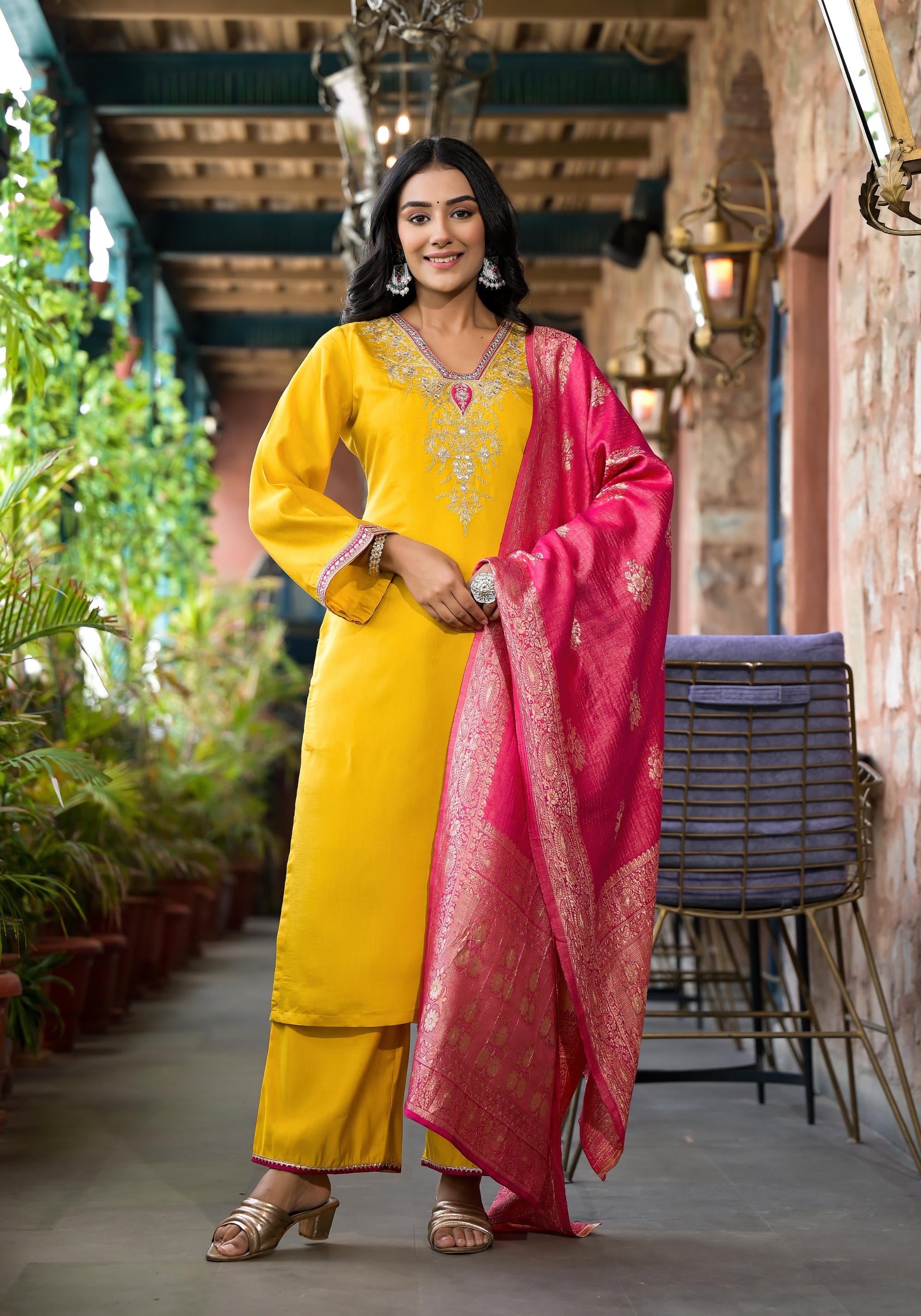 Mustard Zari Embroidered Viscose Kurta Pant And Dupatta Set With Mirro