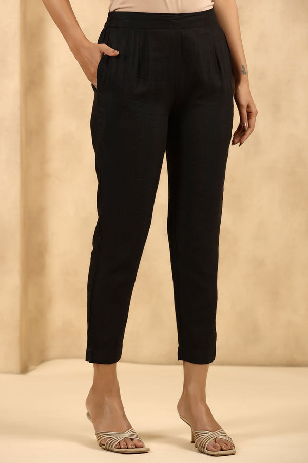 Black Rayon Flex Slim Fit Pants with Elasticated Waistband - Juniper ...