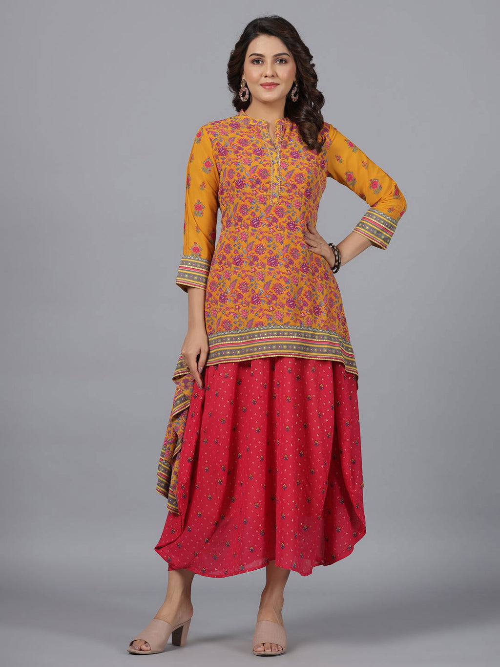 Juniper Mustard Floral Georgette Draped Maxi Dress - Sequins Work Design