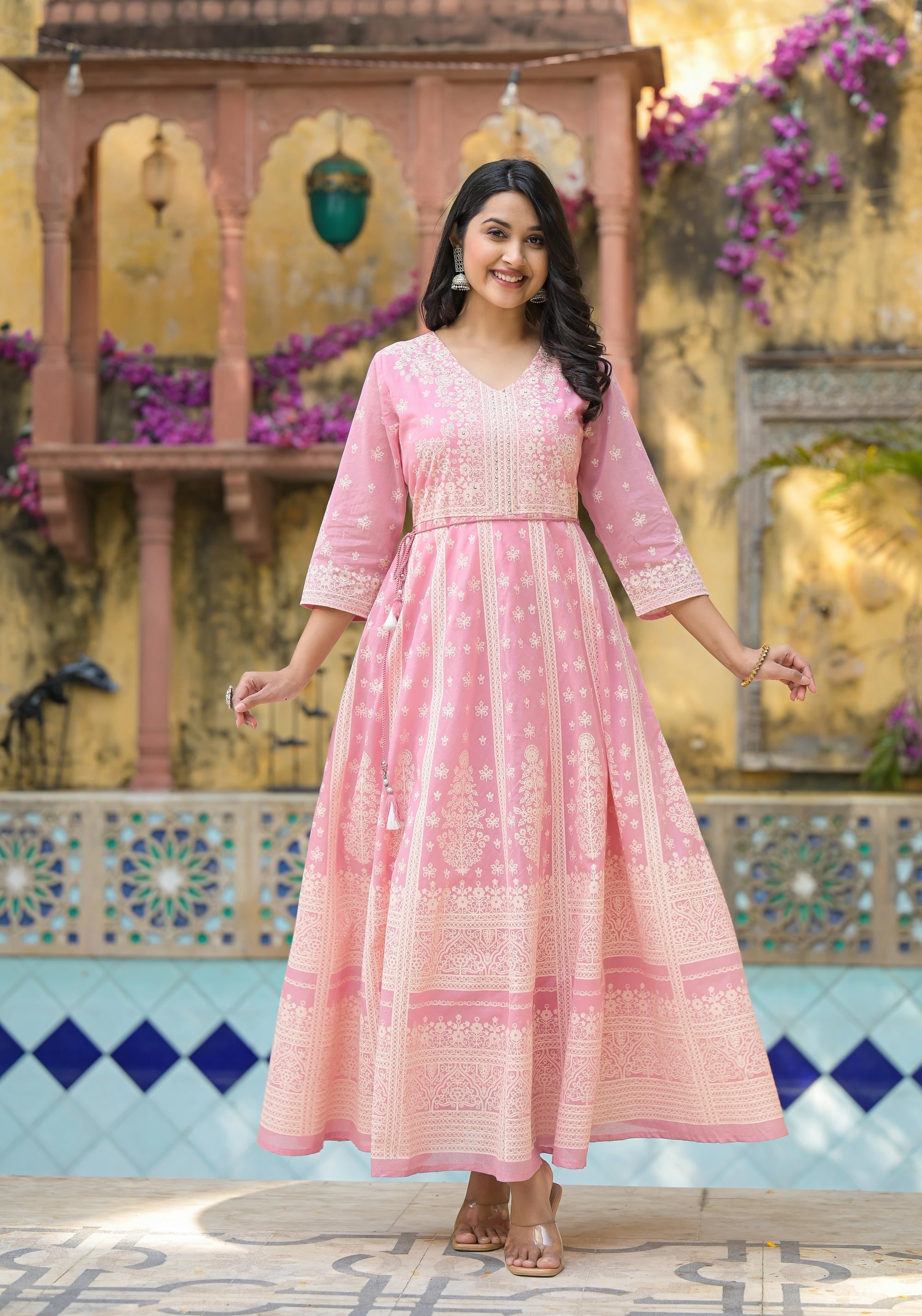 Onion Pink Anarkali Dress with Intricate White Print