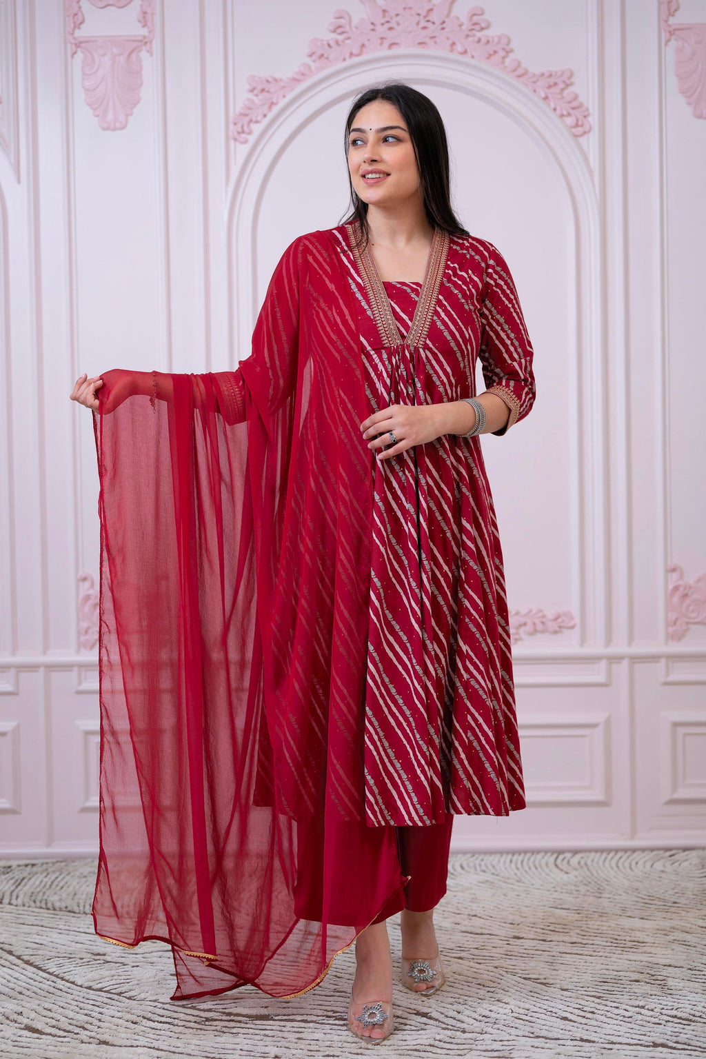 Maroon Angrakha-Style Kurta Set with Gota Work and Dupatta
