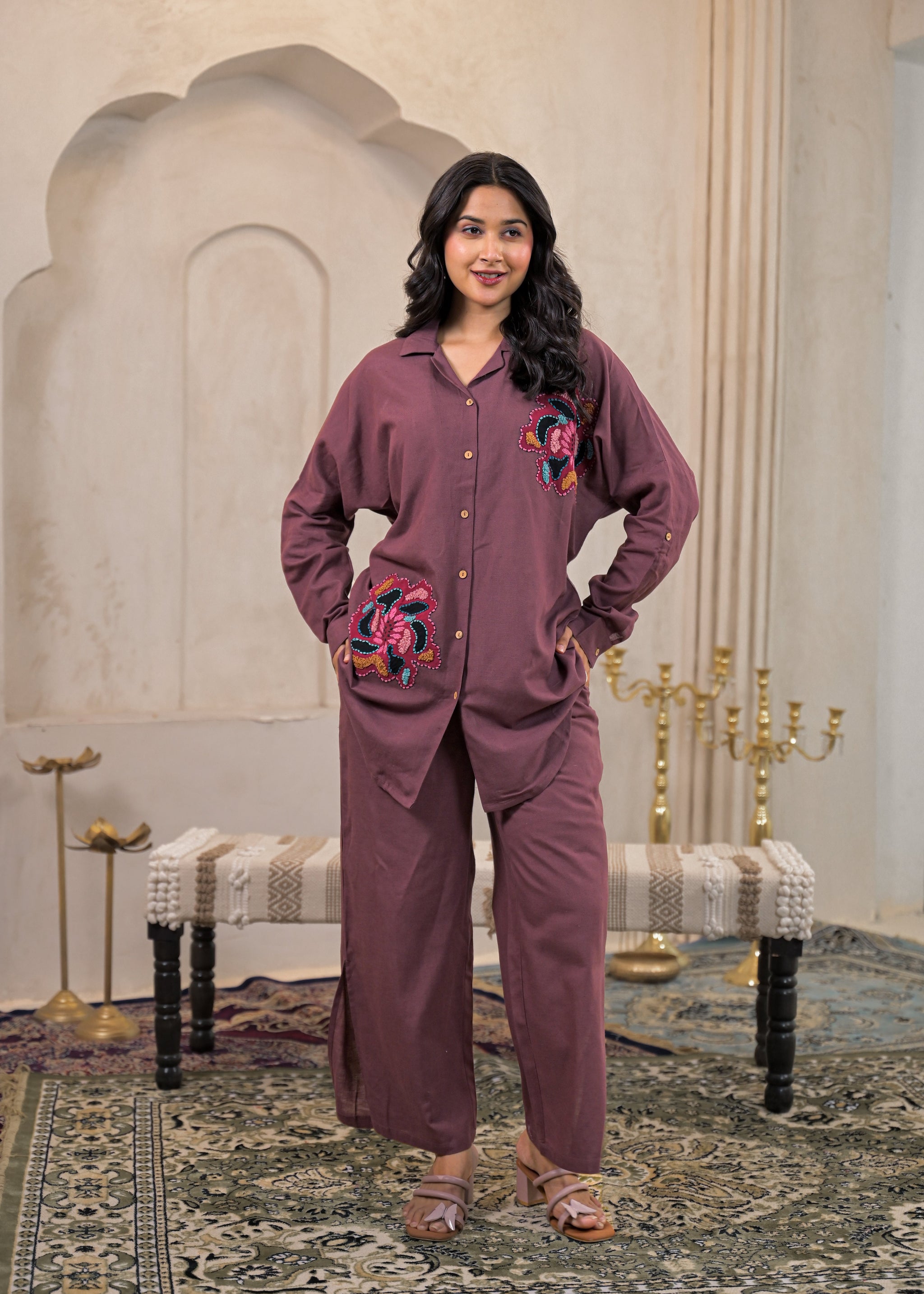 Viscose Linen Mauve Embroidered Top and Pant Co-Ord Set with Thread Wo
