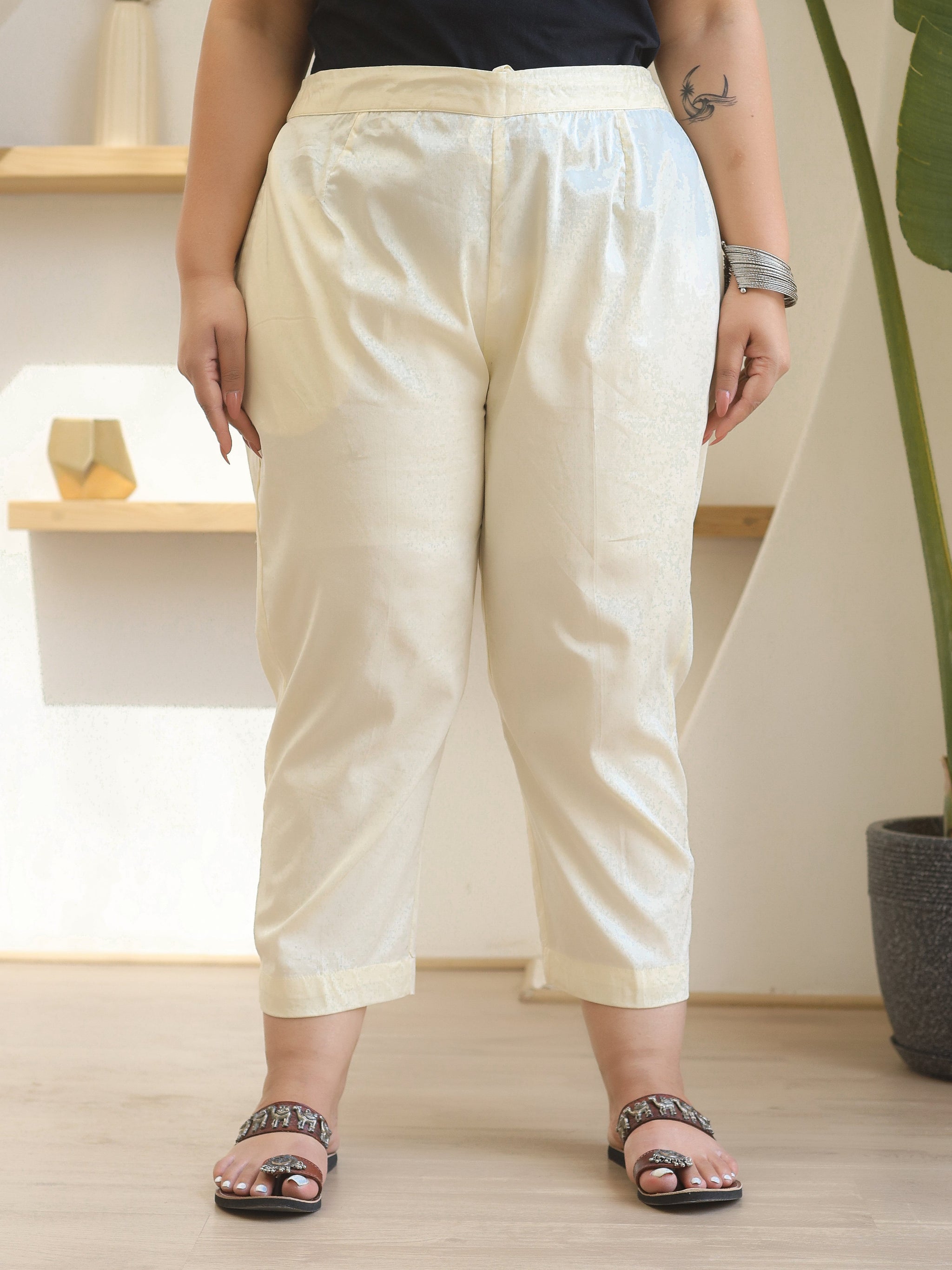 Off-White Solid Lycra Plus Size Drawstring Pants for Women | Juniper ...