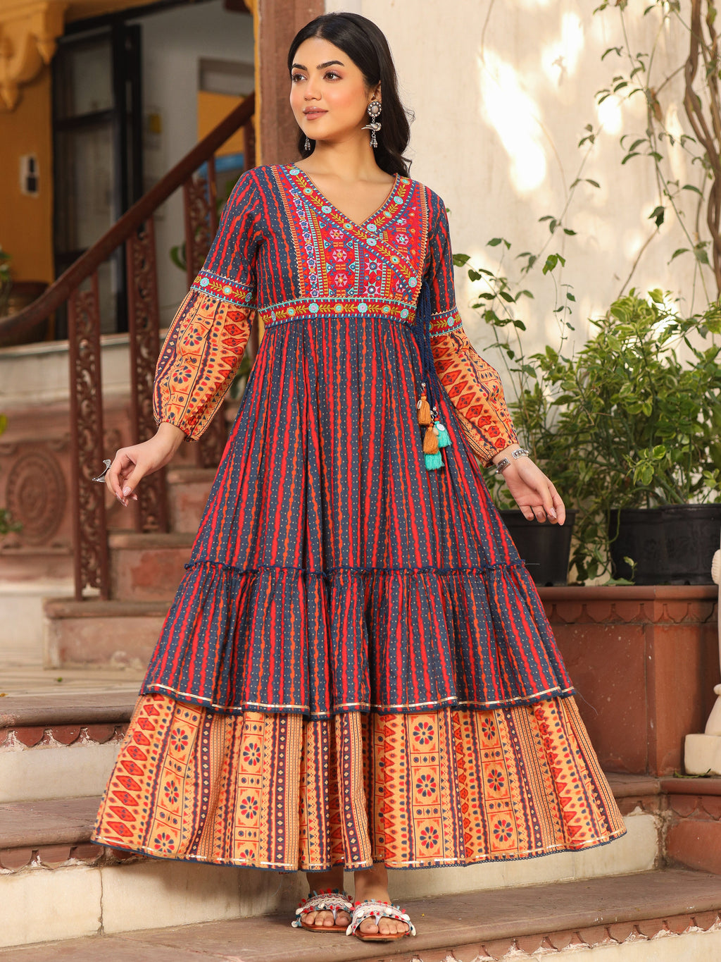 Rust Ikat Printed Tiered Maxi Dress with Thread Embroidery | Juniper ...